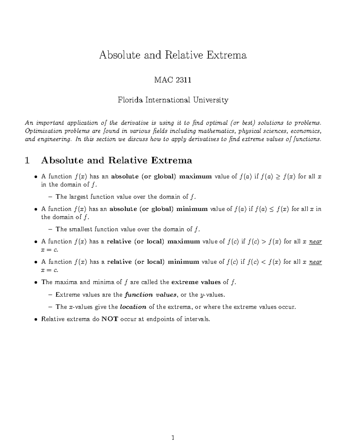 CALC Notes 1 - Absolute and Relative Extrema MAC 2311 Florida ...