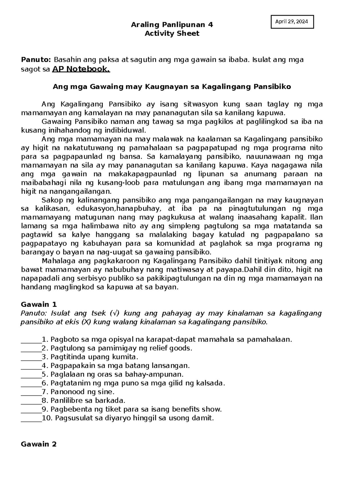 AP4 April-29-30 - April 29, 2024 Araling Panlipunan 4 Activity Sheet ...
