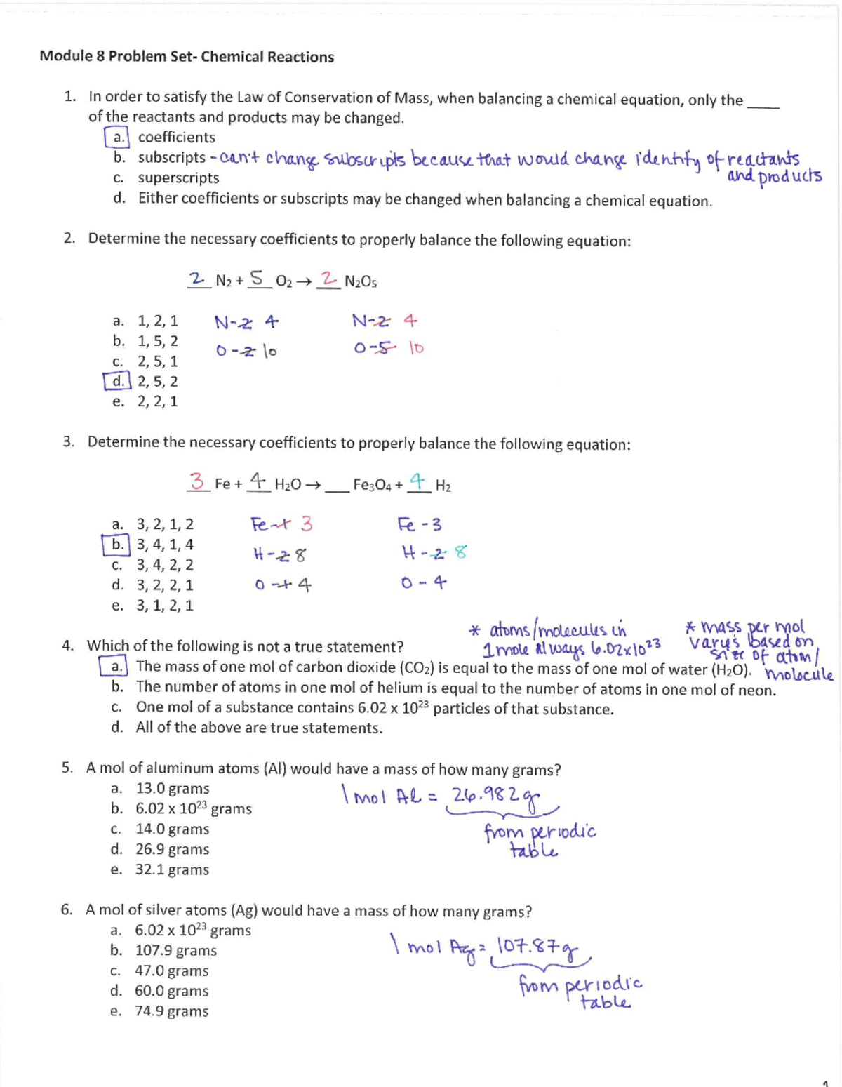 8- chemical reactions problem set- KEY - CHEM 1010 - Studocu