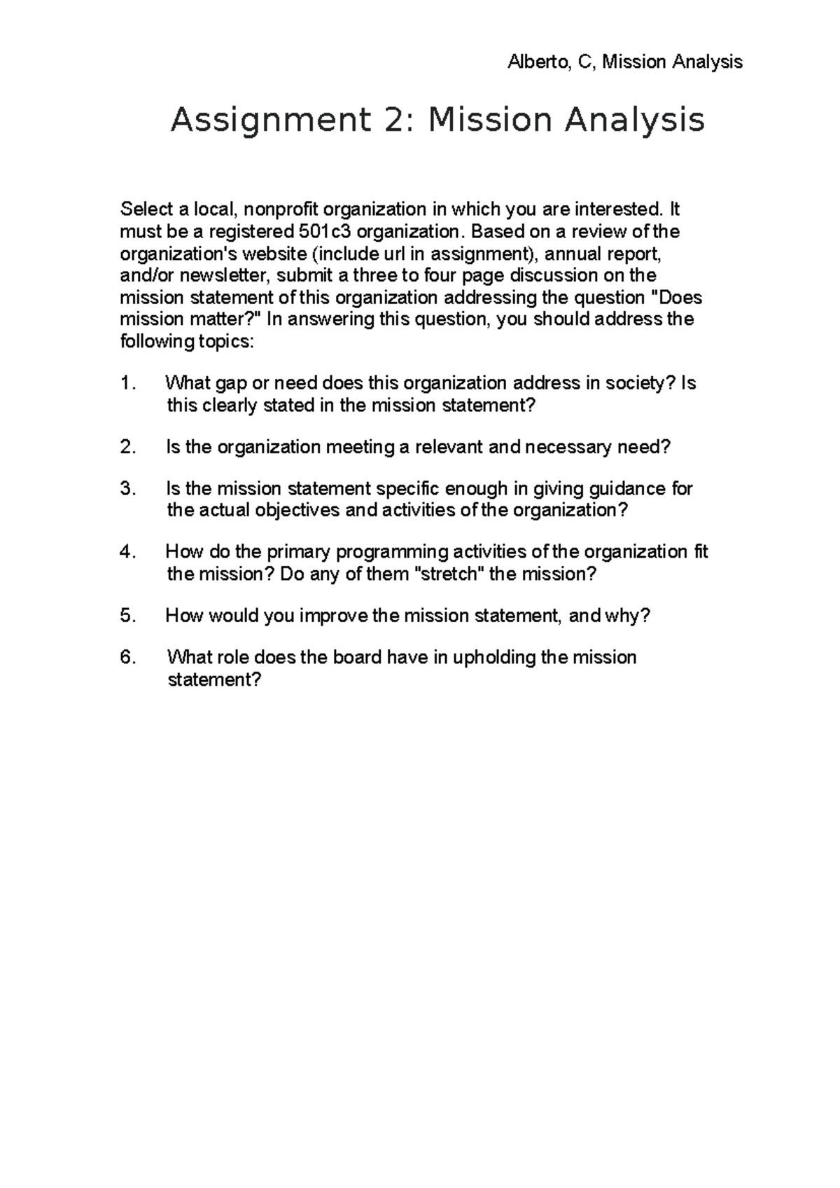 Assignment 2 non profit - Alberto, C, Mission Analysis Assignment 2: Mission Analysis Select a ...