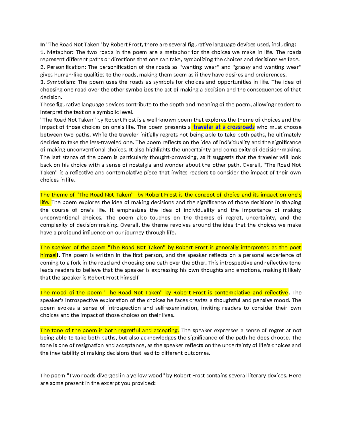 Poem Analysis - very helpful - In "The Road Not Taken" by Robert Frost ...