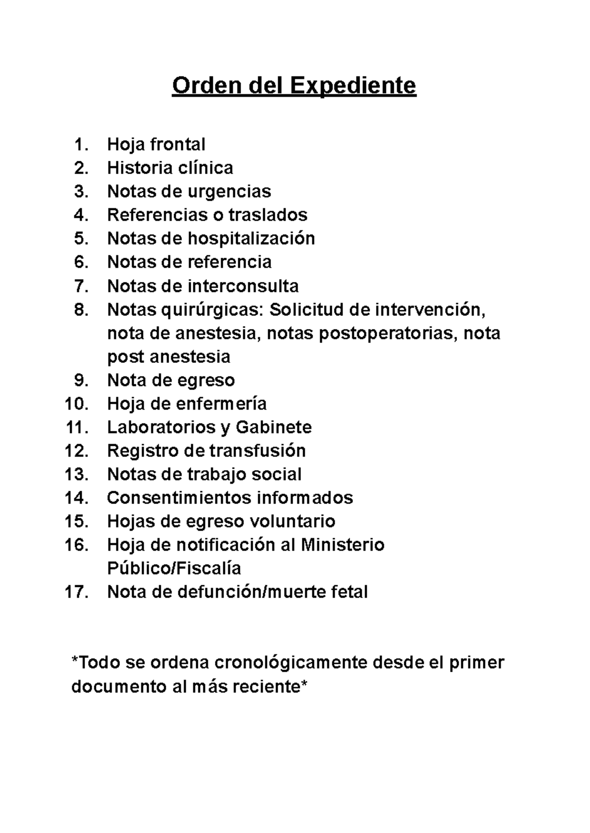 Orden correcto del acomodo del expediente - Orden del Expediente 1 ...