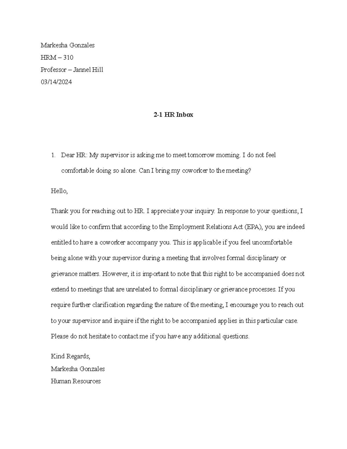 HRM 310 2-1 HR Inbox - Assignment on how to properly respond to common employee inquiries in a ...