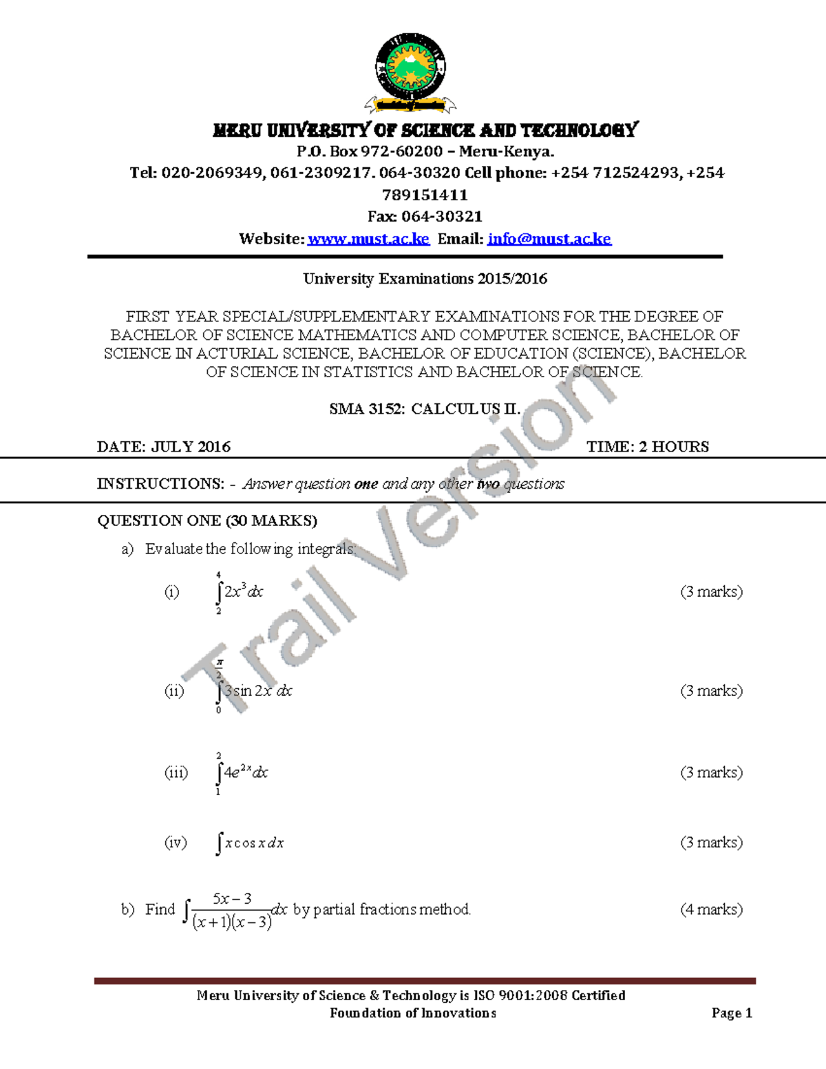 SMA 3152 Calculus II 1 - Meru University of Science & Technology is ISO 9001:2008 Certified MERU ...