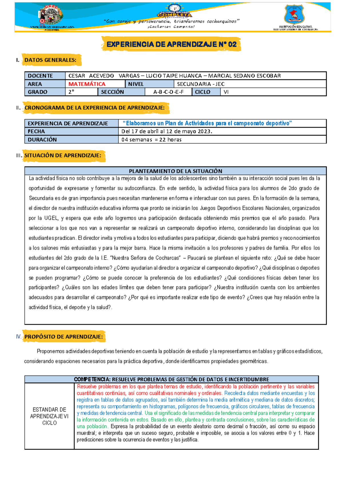 EDA 02 MAT- Unidad DE Aprendizaje 02 - NSC 2023 - EXPERIENCIA DE APRENDIZAJE N° 0 2 I. DATOS ...