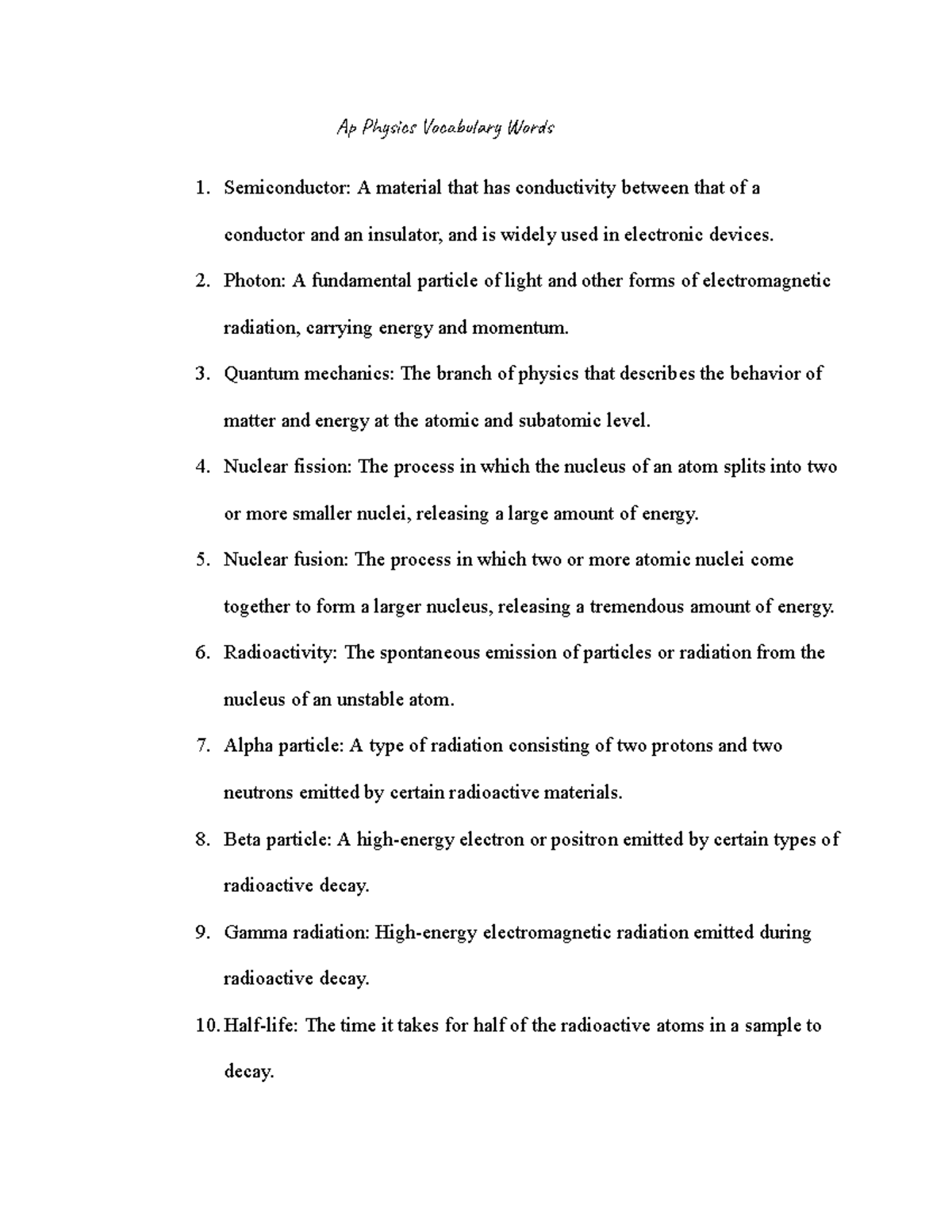 Ap Physics Vocabulary Words 69-100 - Ap Phic Vocar Wor Semiconductor: A ...