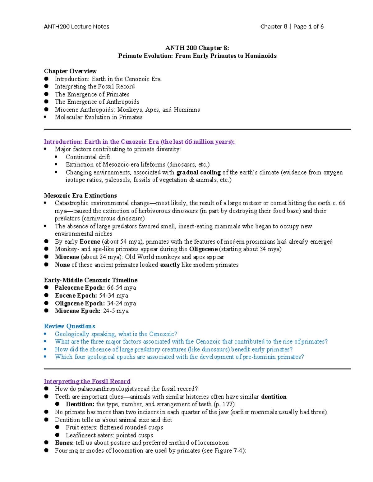 ANTH 200 Chapter 08 notes Revised - ANTH 200 Chapter 8: Primate ...