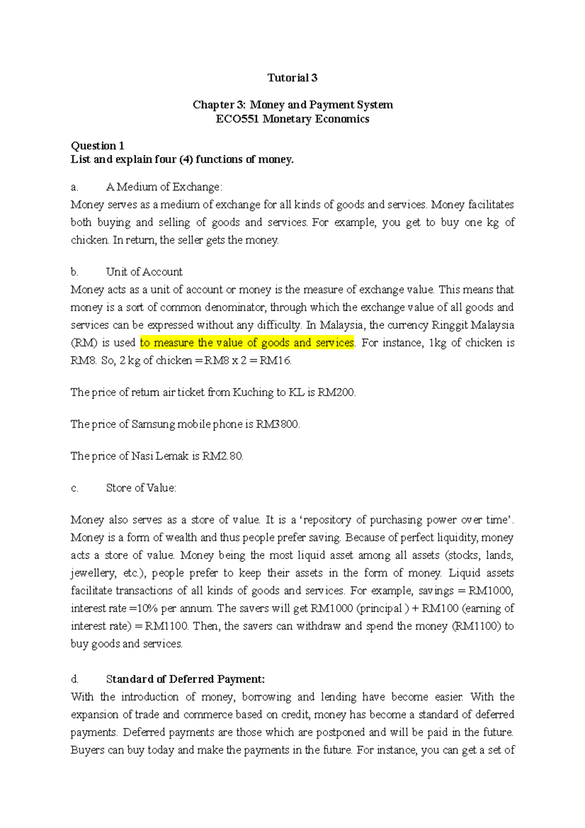 Tutorial three (3) ECO531 asnwer scheme - Tutorial 3 Chapter 3: Money and Payment System ECO551 ...