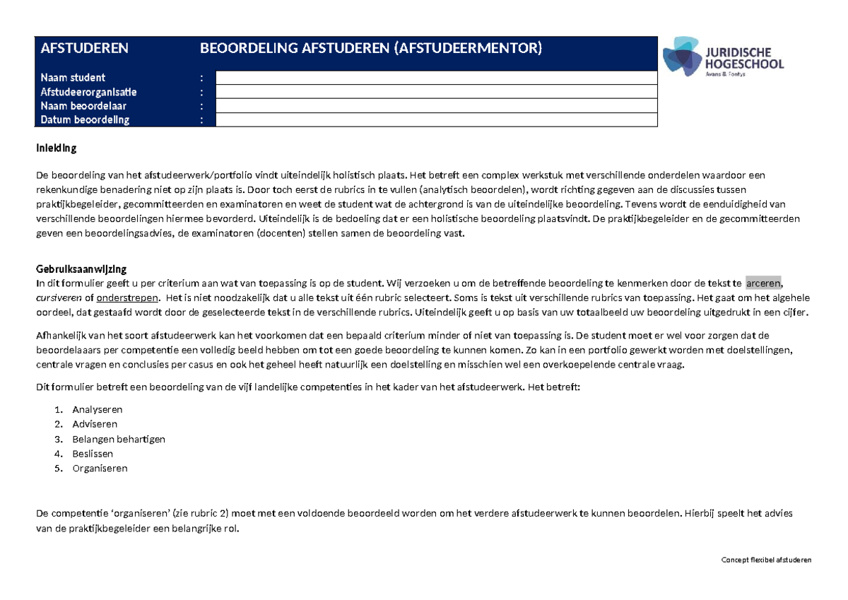 Rubrics afstuderen mentor - AFSTUDEREN BEOORDELING AFSTUDEREN ...