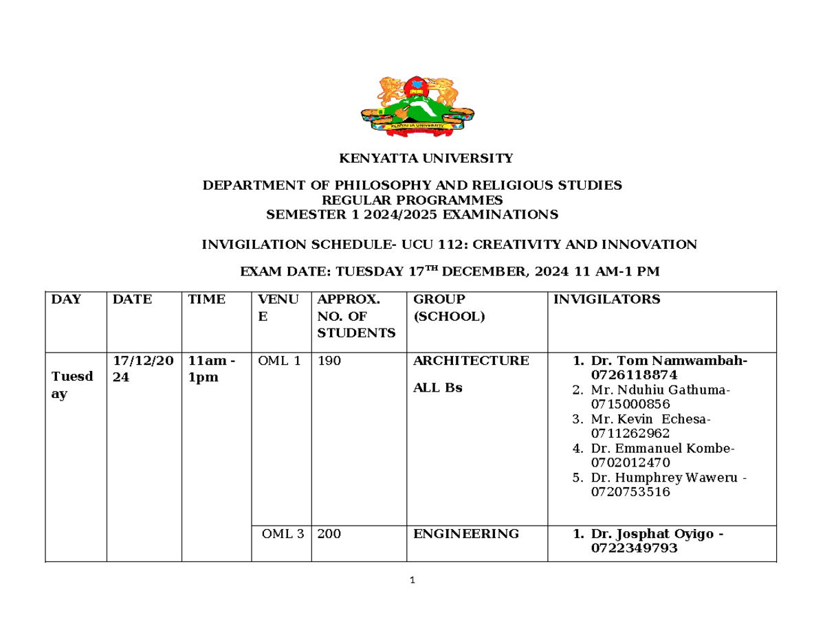 HEAD Examucu 112 Invigilation Timetable FOR First Semester 2024 -2025 ...