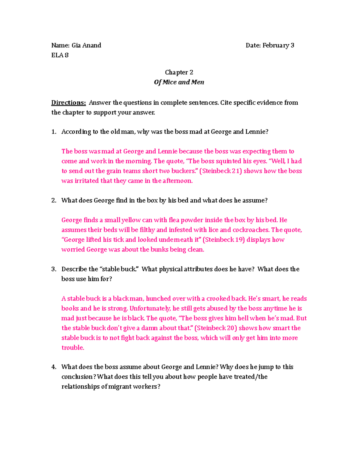 Of Mice and Men Chapter 2 Questions - Name: Gia Anand Date: February 3 ...