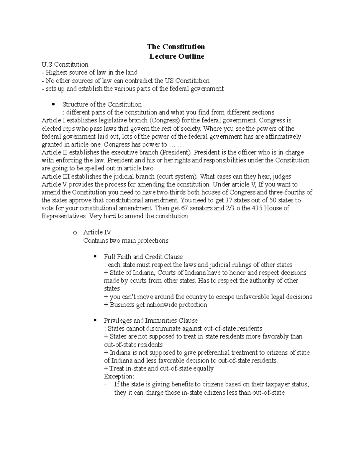 Constitutional Law Lecture Outline - The Constitution Lecture Outline U ...
