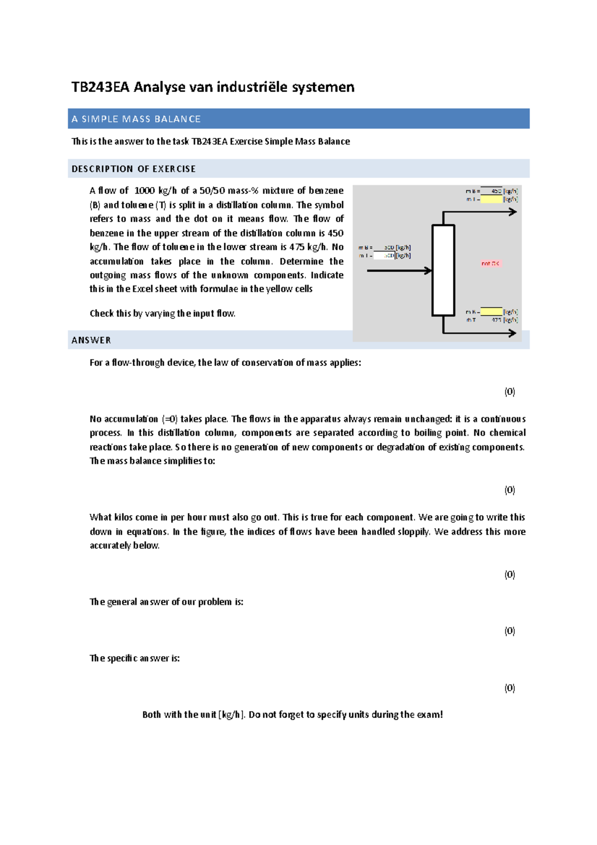 TB243EA Exercise Simple Mass Balance Answer - TB243EA Analyse van ...