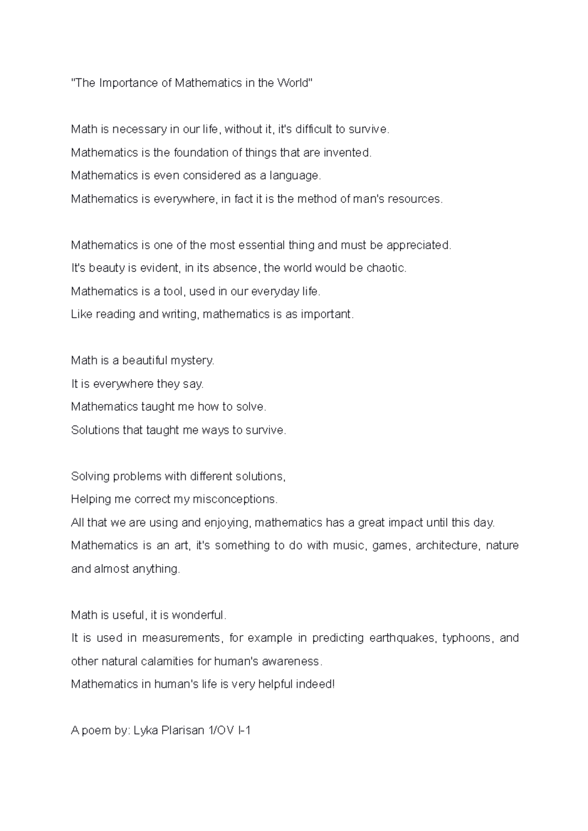 Math Poem By Lyka 1 Math The Importance Of Mathematics In The