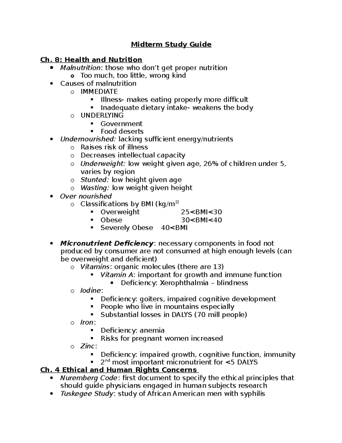 Final Study Guide - Midterm Study Guide Ch. 8: Health and Nutrition ...