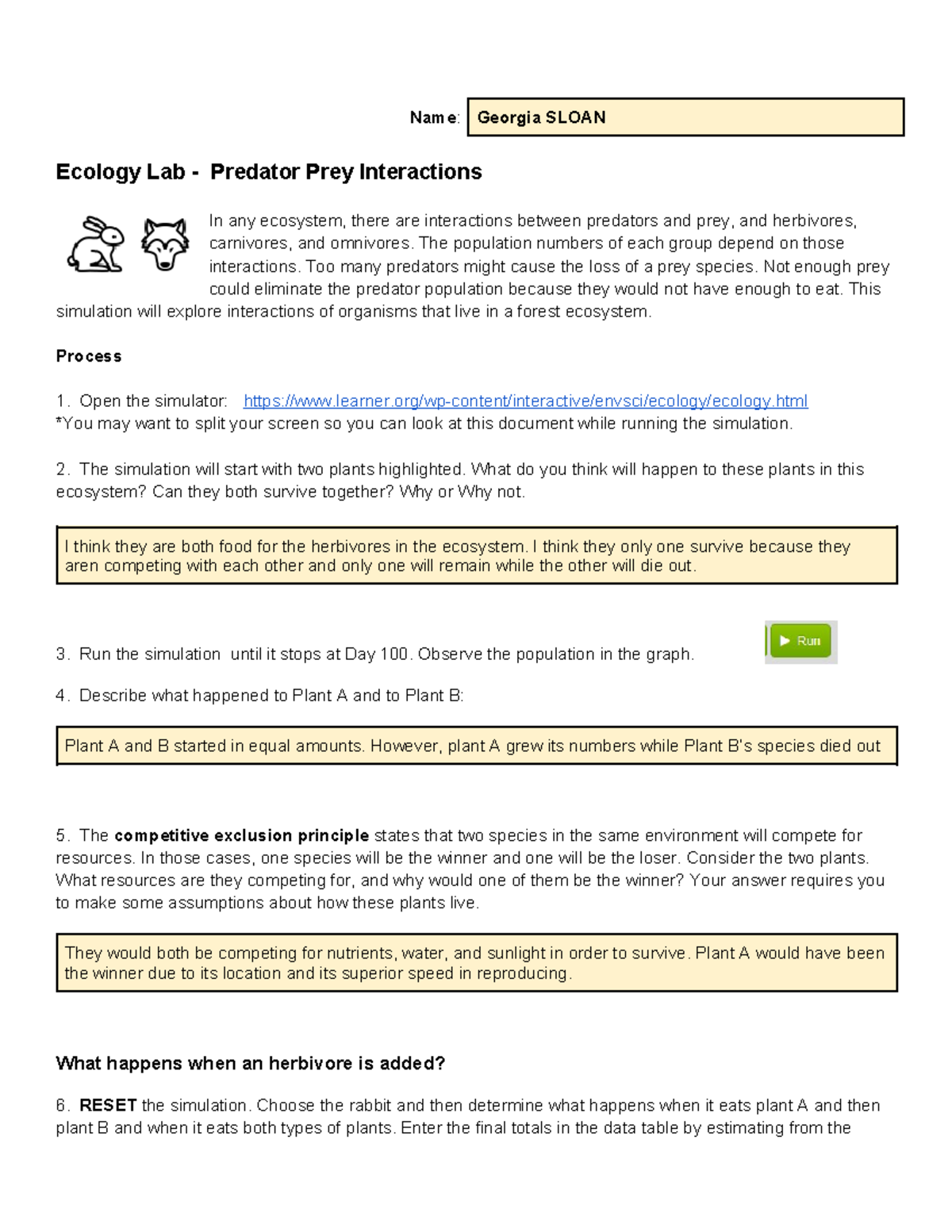 Ecology LAB - bio - Name: Georgia SLOAN Ecology Lab - Predator Prey ...