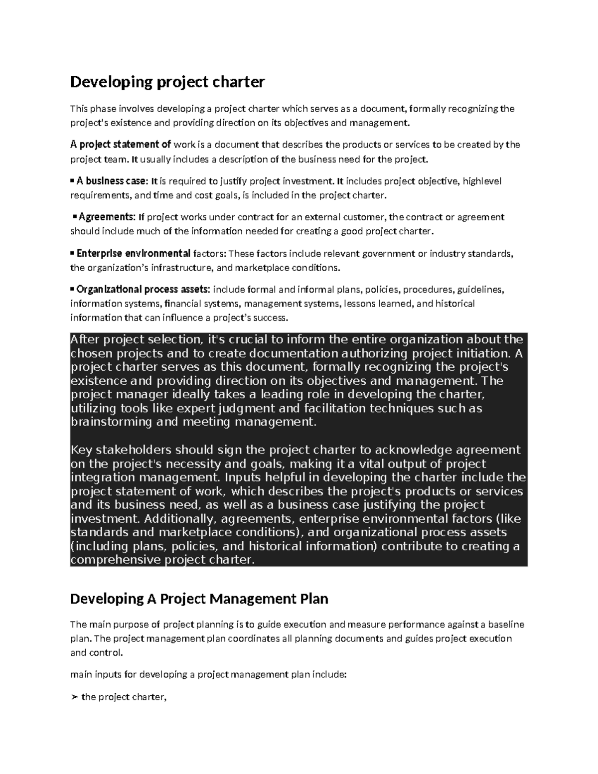 CH4 - .......... - Developing project charter This phase involves developing a project charter ...