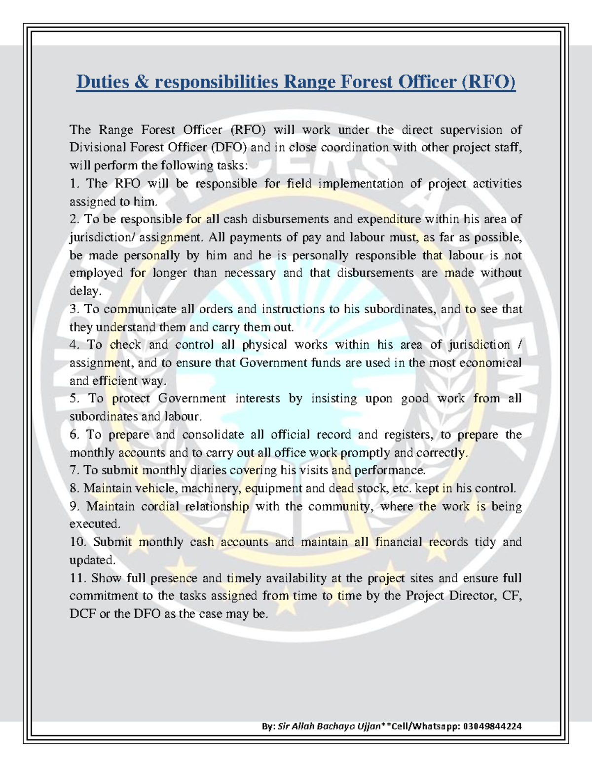 Duties of RFO - By: Sir Allah Bachayo Ujjan**Cell/Whatsapp: 03049844224 ...
