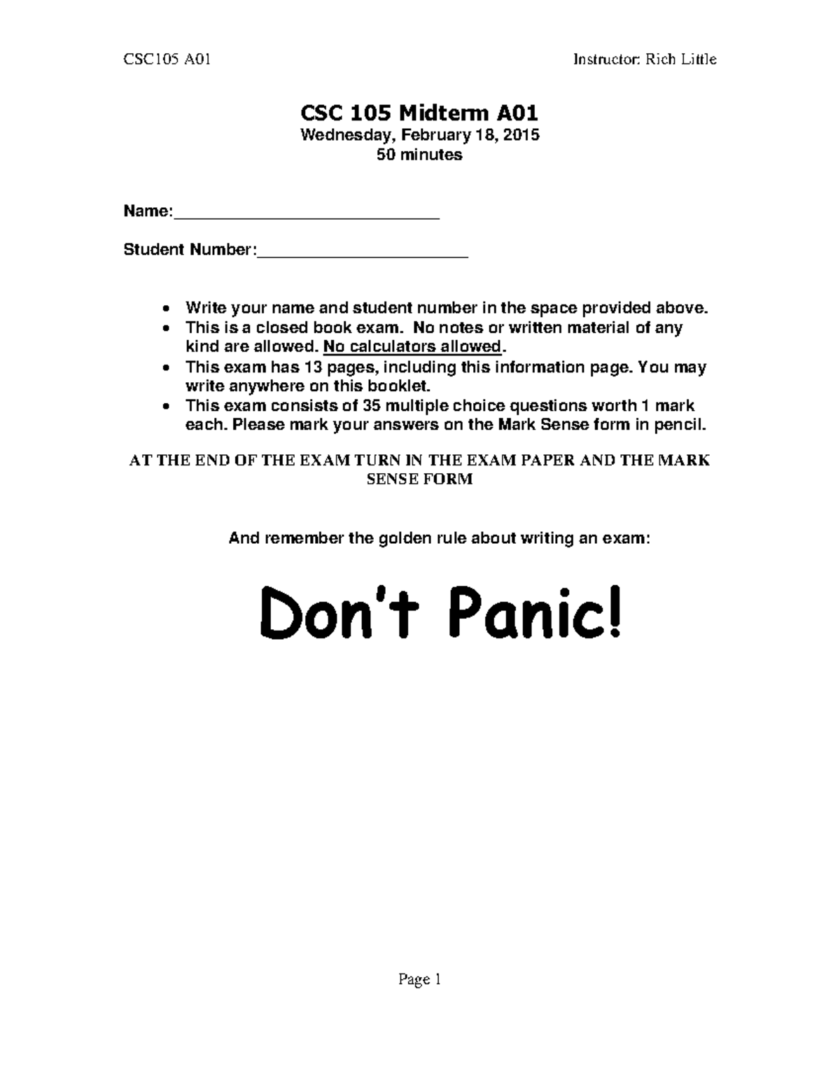 Sample Midterm 1 - CSC105 A01 Instructor: Rich Little CSC 105 Midterm ...