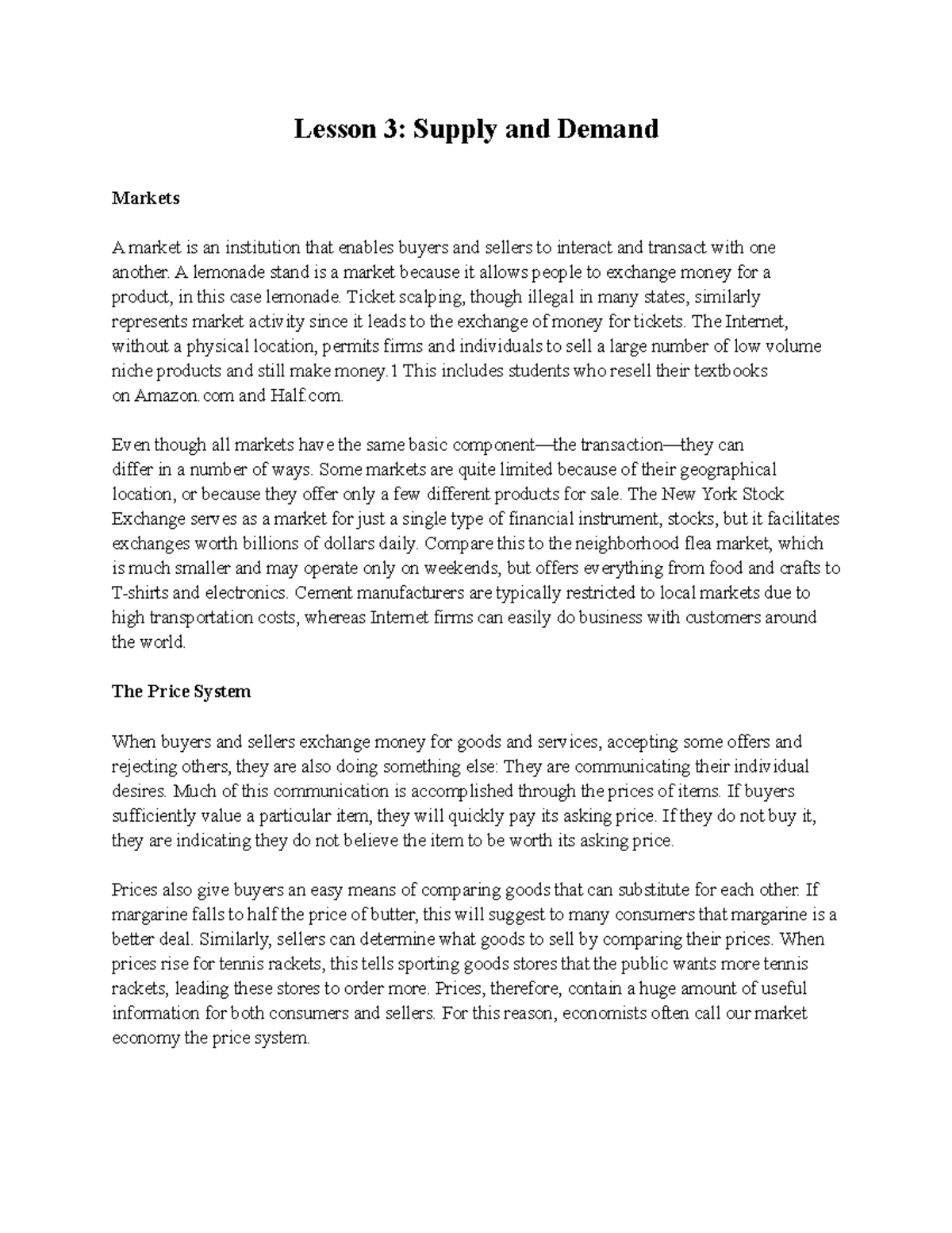 Lesson 3 Supply and Demand - Lesson 3: Supply and Demand Markets A ...