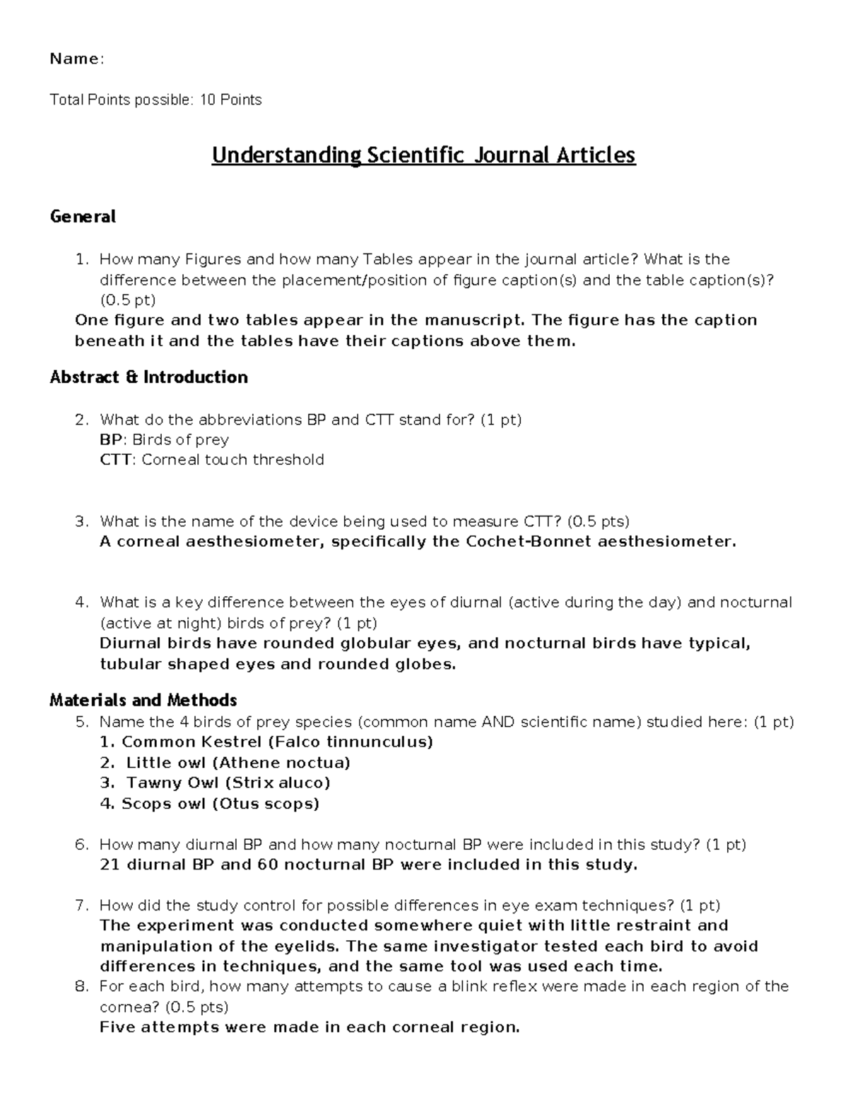 Understanding Scientific Journal Articles - Name: Total Points possible ...