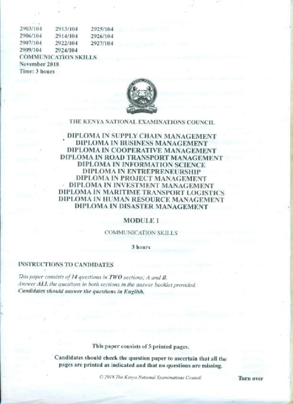 Communication Skills KNEC Past Papers Nov 2018 - laborotary science ...