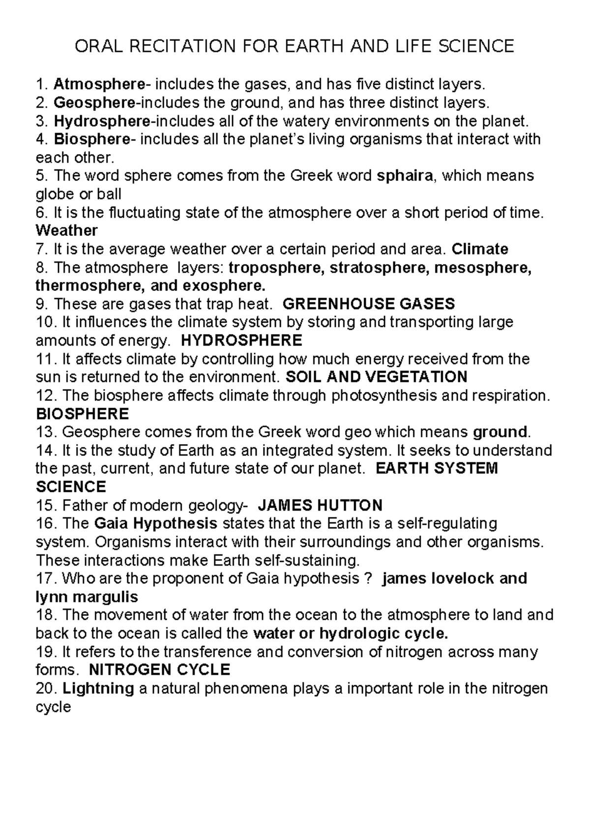 ORAL Recitation FOR Earth AND LIFE Science - ORAL RECITATION FOR EARTH ...