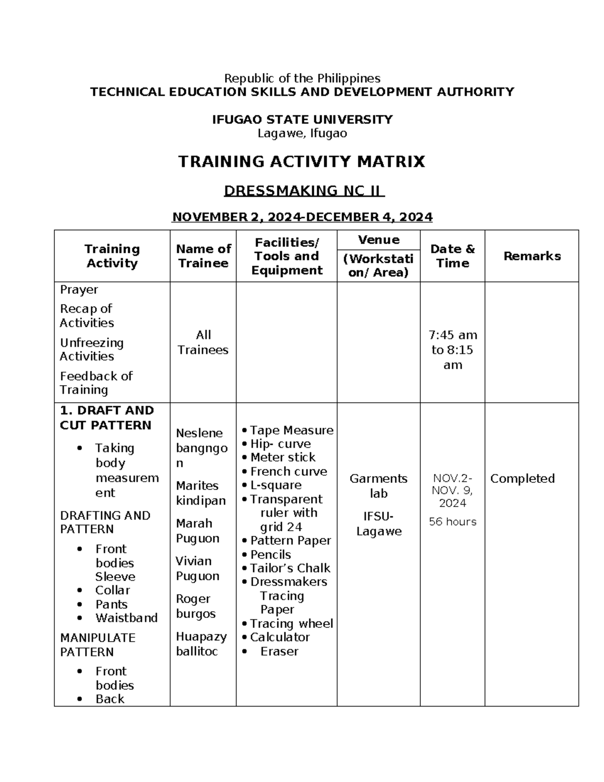 Training- Matrix - Republic of the Philippines TECHNICAL EDUCATION ...