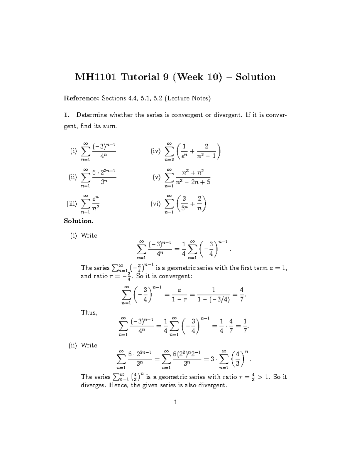 Tutorial 9 Solution Calculus Assign Mh1101 Tutorial 9 Week 10 Solution Reference