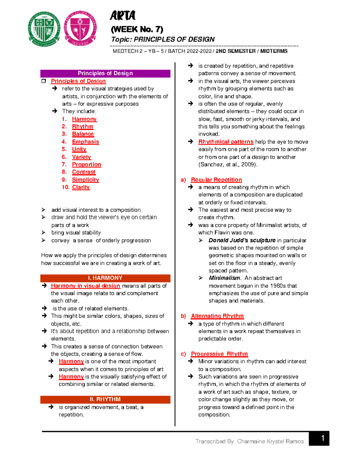 ARTA (W7) - Principle of arts - ARTA (WEEK No. 7 ) Topic: PRINCIPLES OF ...