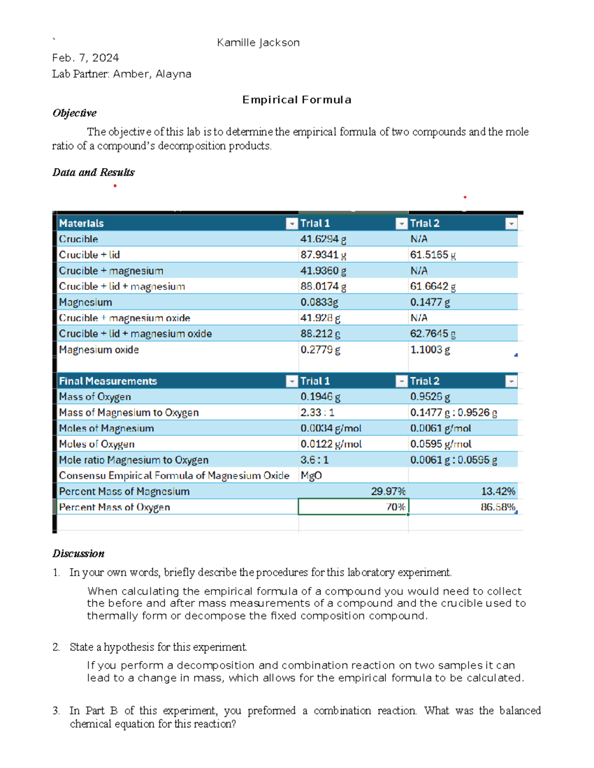Short Report Form - GCI - Empirical Formula-1 - ` Kamille Jackson Feb ...