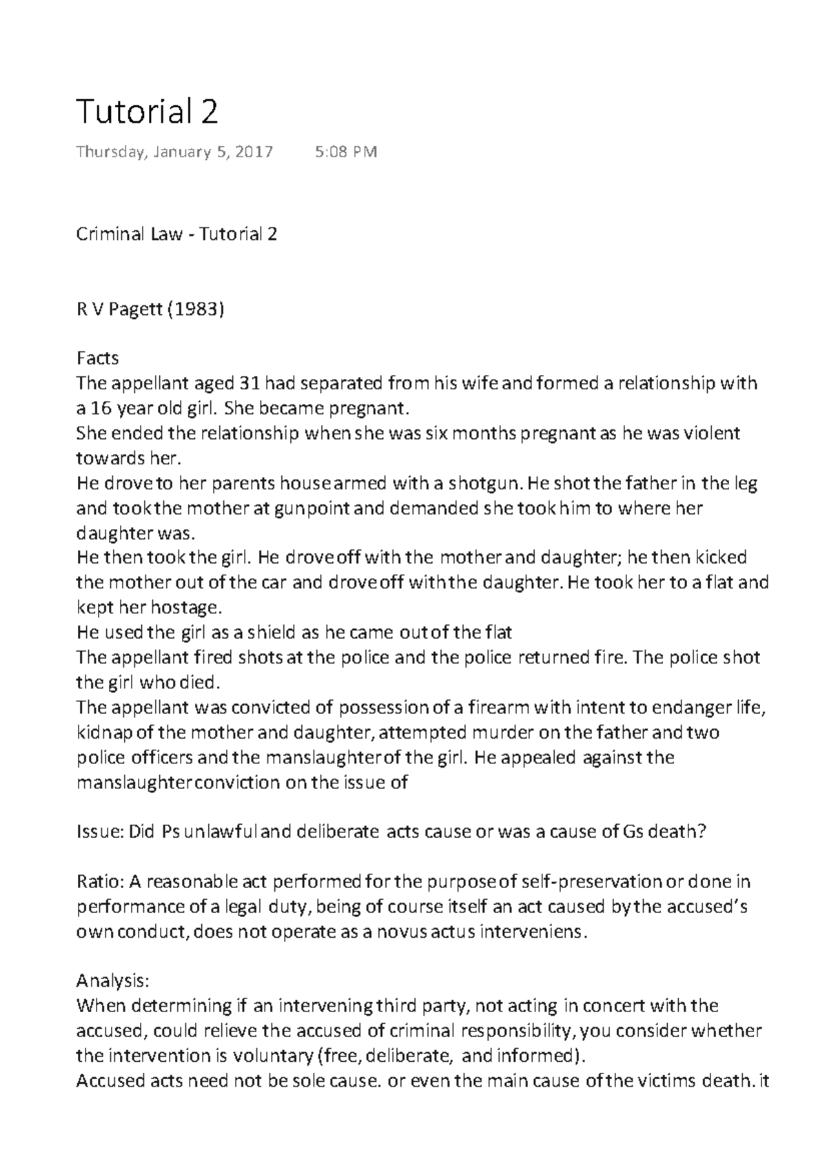 Criminal Law - Tutorial 2 - Actus Reus II - Causation - Criminal Law -Tutorial R V Pagett (1983 ...