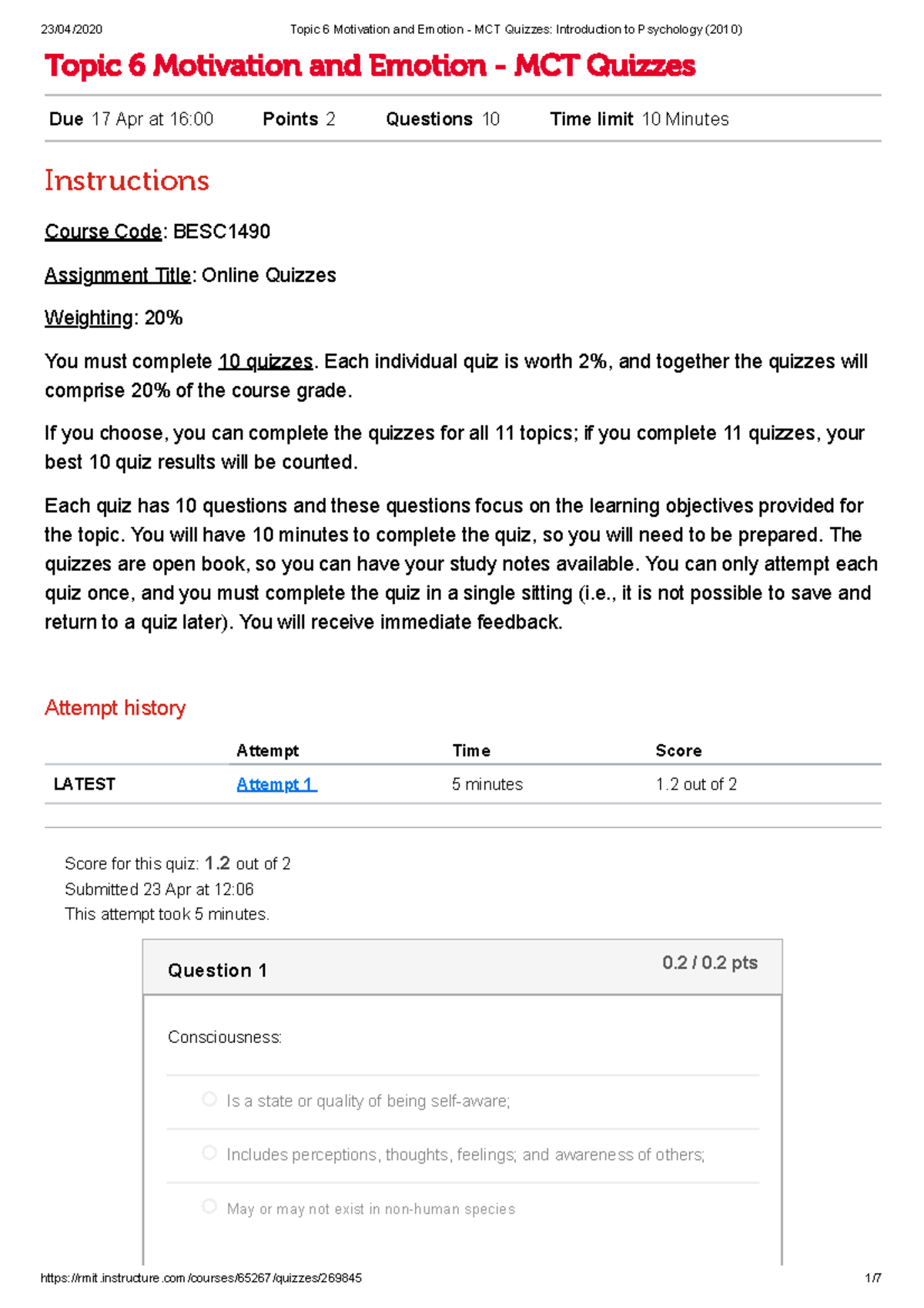 Topic 6 Motivation and Emotion - MCT Quizzes Introduction to Psychology ...