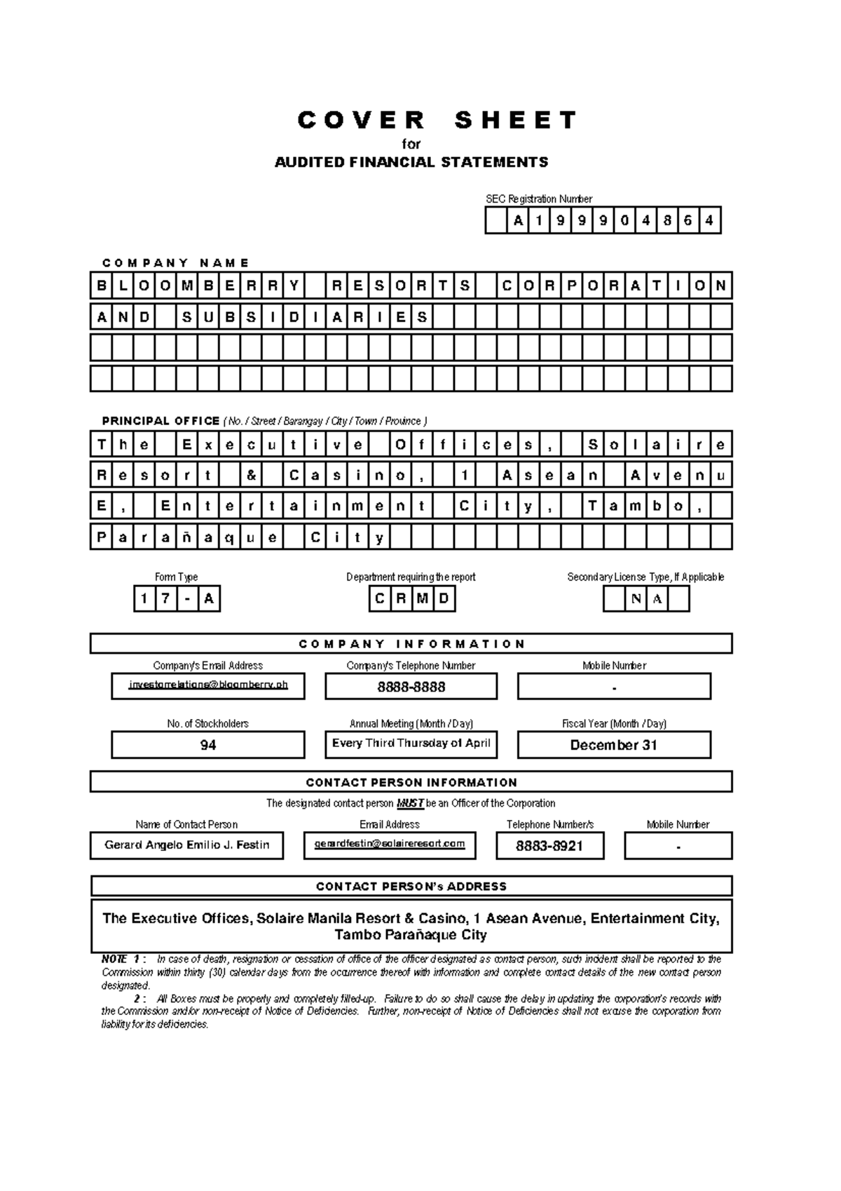 Bloomberry Resorts 2019 SEC Form 17A with SR - C O V E R S H E E T for ...