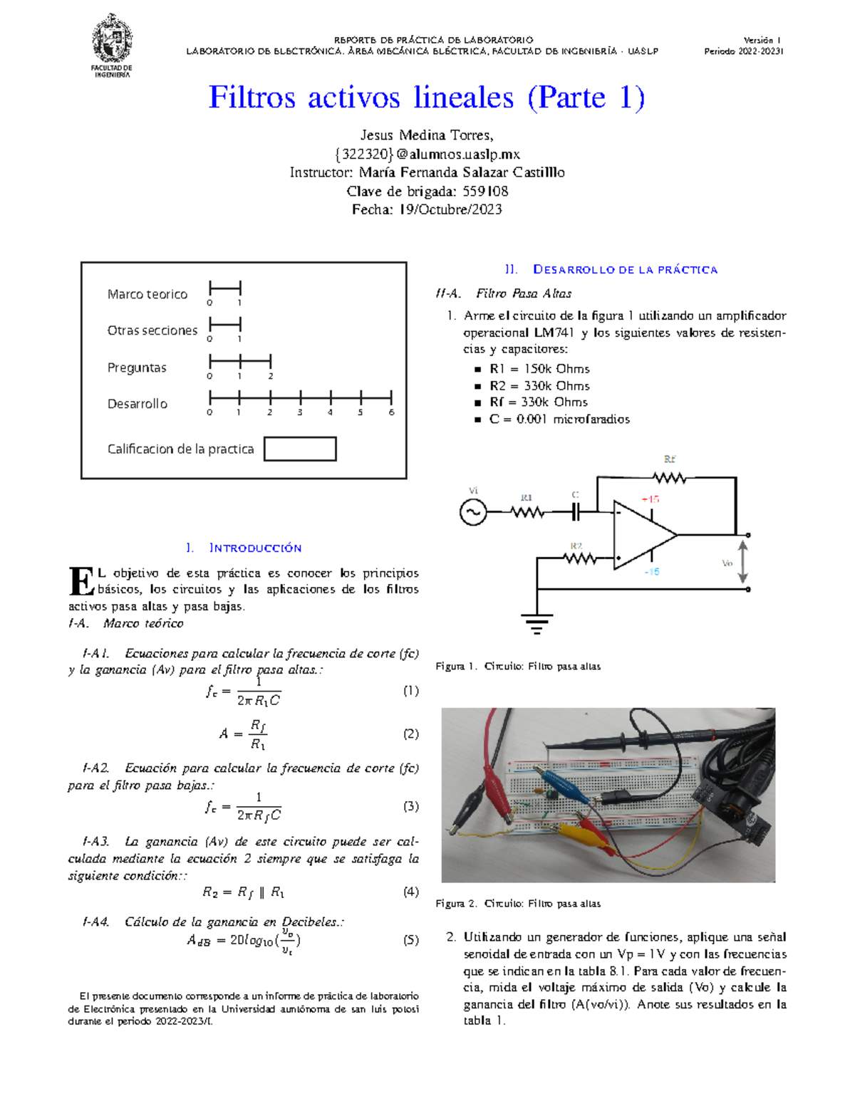 Practica 8 Electronica 2 - REPORTE DE PR ́ACTICA DE LABORATORIO Versi ́on 1 LABORATORIO DE ...