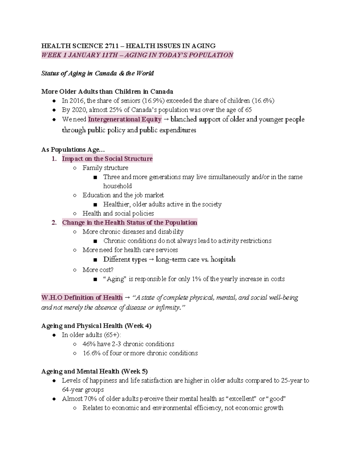 HS2711 Lecture Notes - HEALTH SCIENCE 2711 – HEALTH ISSUES IN AGING ...