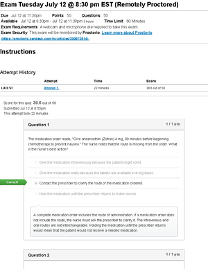 Exam Tuesday August 2 @ 8 30 pm EST (Remotely Proctored) NUR2811 ...