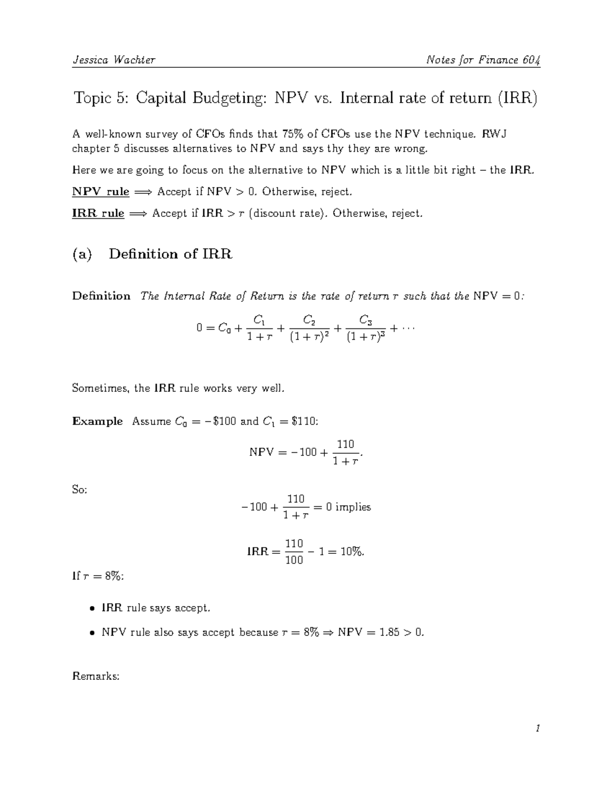 Capital Budgeting- NPV vs Internal rate of return Lecture Notes T 05 ...