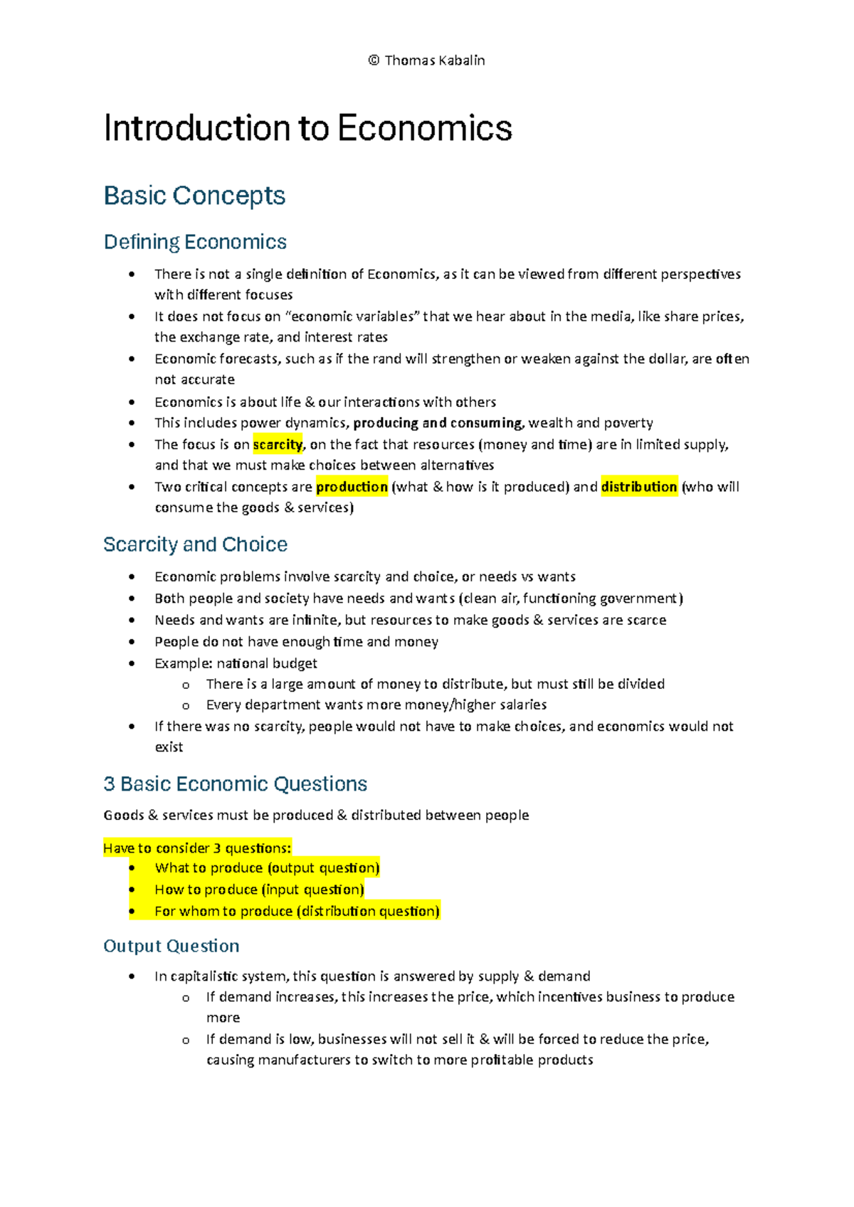 ECO1010F Course Notes - Introduction to Economics Basic Concepts ...