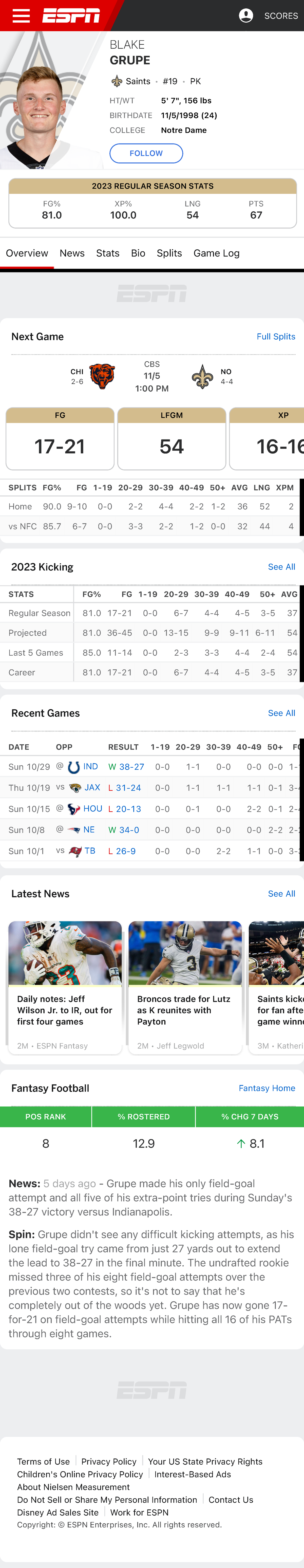 Blake Grupe - New Orleans Saints Place Kicker - ESPN - 2023 REGULAR ...