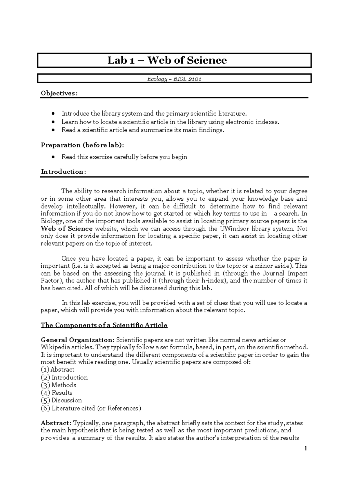 Ecology Lab sheet BIO 2111 - Ecology – BIOL 2101 Objectives: Introduce ...