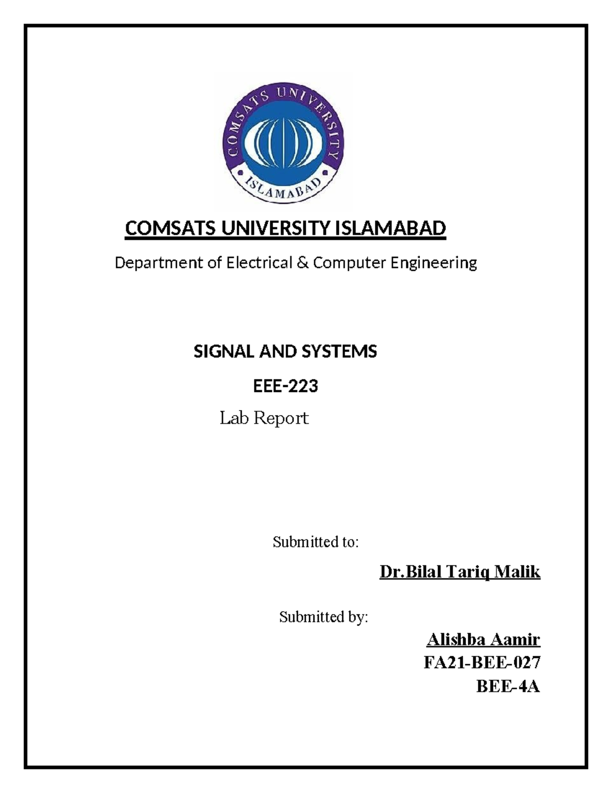 Signal & system labrep 9 - COMSATS UNIVERSITY ISLAMABAD Department of Electrical & Computer ...