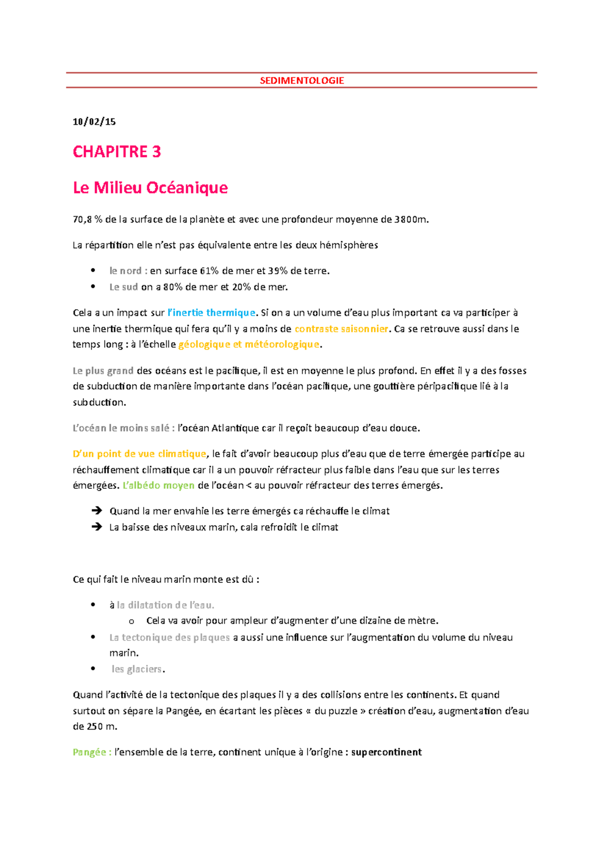 Cours 7 - SEDIMENTOLOGIE 10/02/15 CHAPITRE 3 Le Milieu Océanique 70,8 ...
