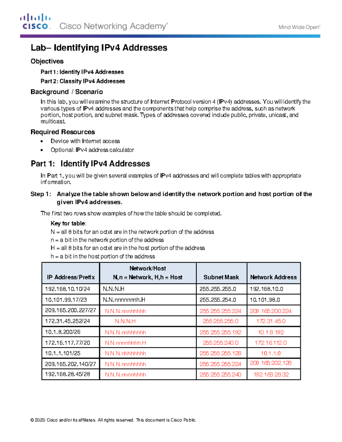 Lab 1.2 Identifying IPv4 Addresses - © 2020 Cisco and/or its affiliates ...