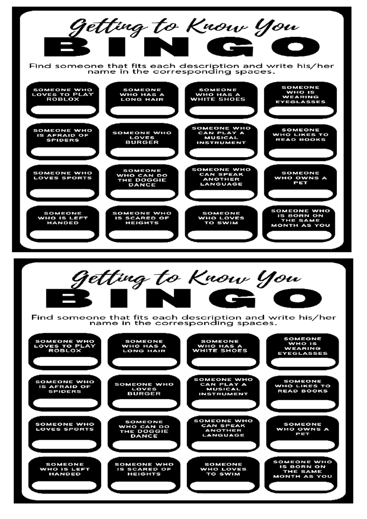 Human Bingo - FWWFAF - getting to Know You Find someone that fits each ...