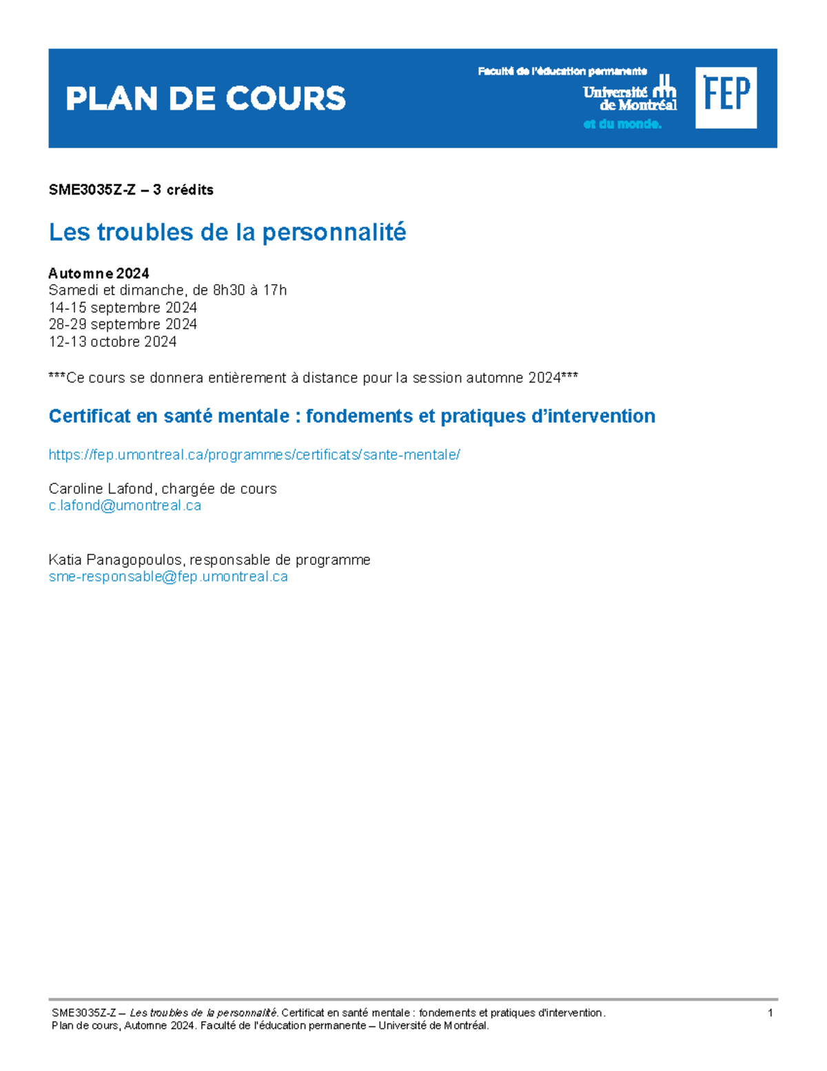 Plan de cours SME3035Z - SME3035Z-Z – Les troubles de la personnalité ...