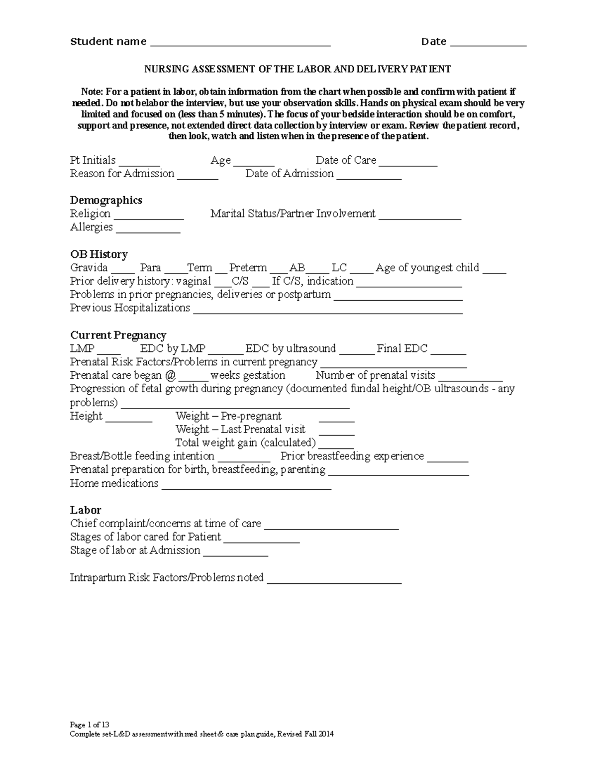 OB L&D Care plan - OB labor & deliver care plan - NURSING ASSESSMENT OF ...