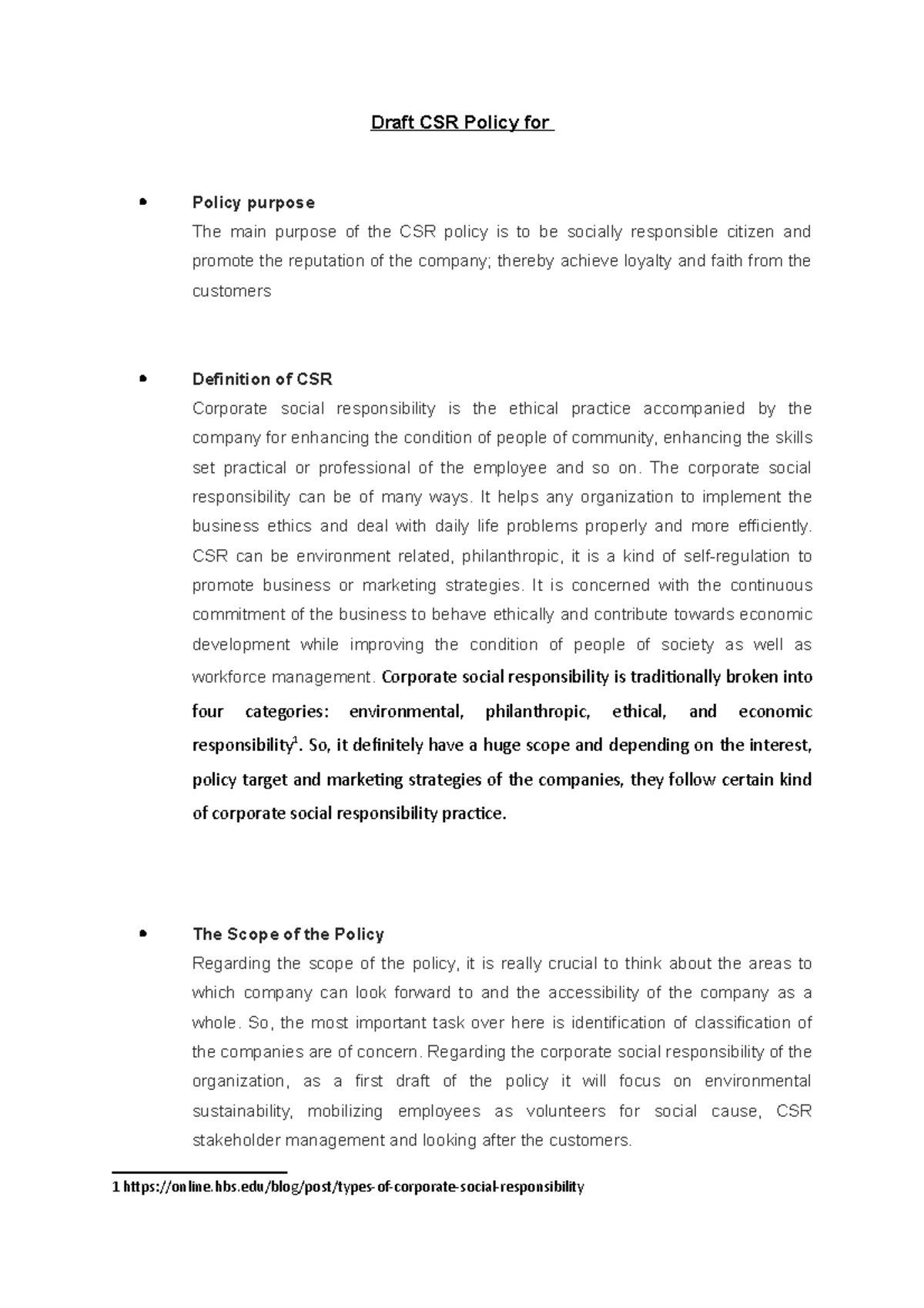 Draft csr policy - Draft CSR Policy for Policy purpose The main purpose ...