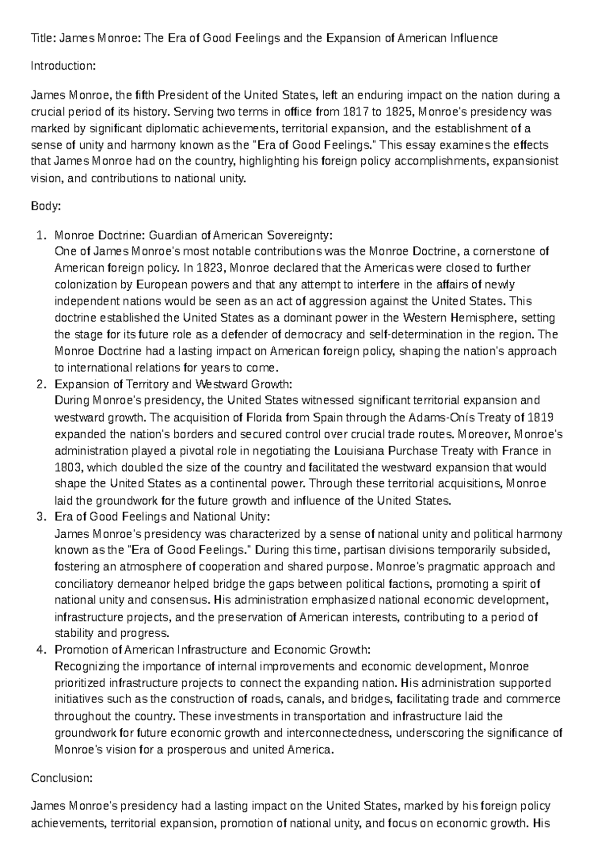 Title James Monroe The Era of Good Feelings and the Expansion of ...