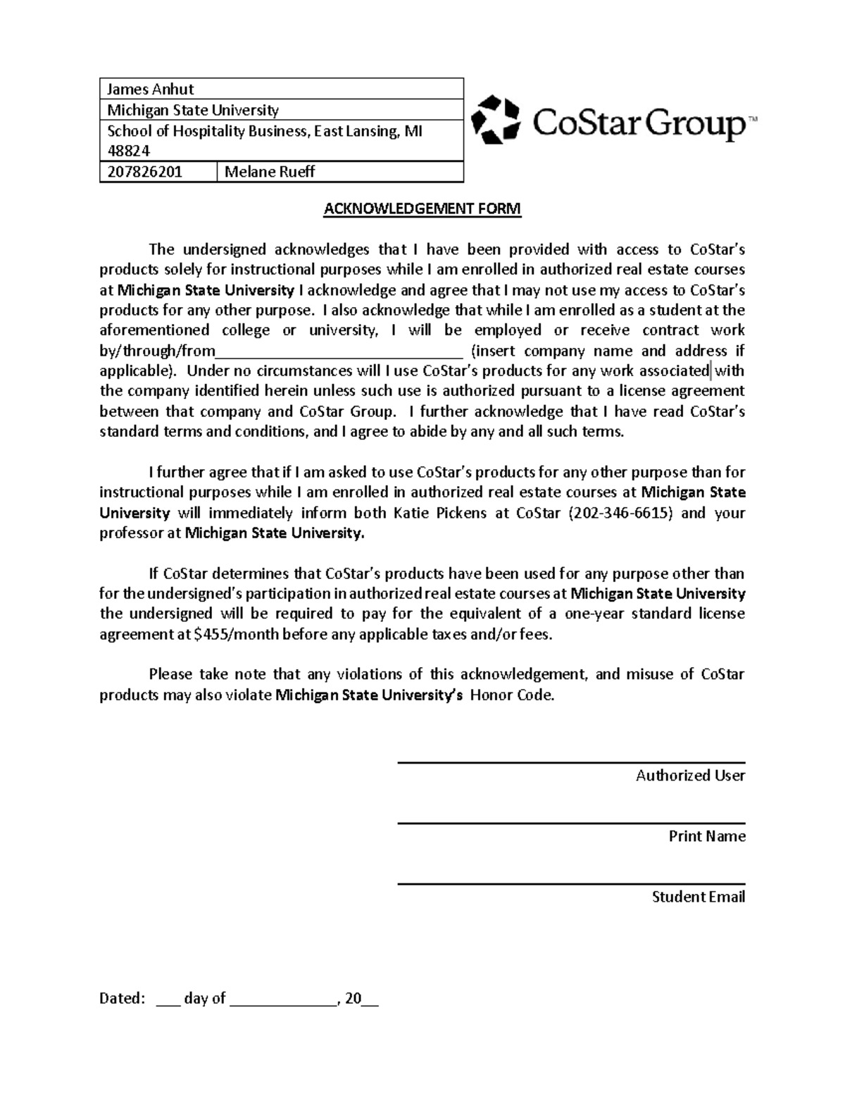 Co Star Michigan State University Student Acknowledgement[ 116673 ] (11 ...